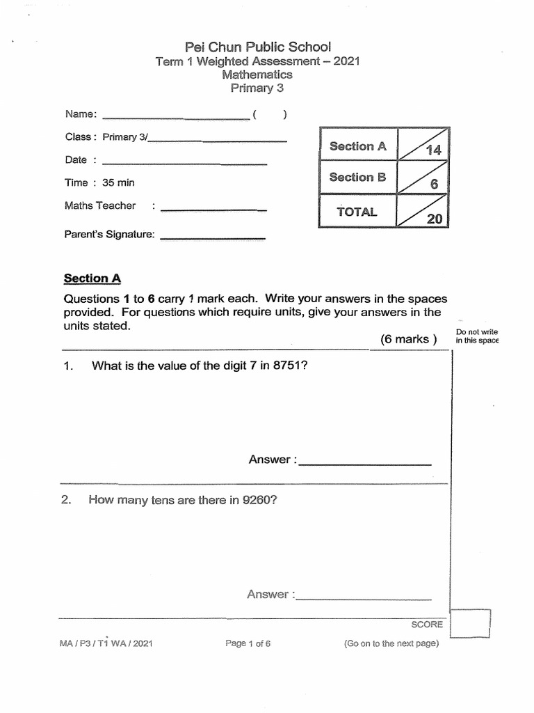 P3 Maths 2021 PeiChun WA1 3 Papers | PDF