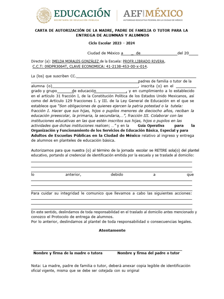 Cartas de Autorización Salida Escolar. | PDF Cartas de Autorización Salida Escolar. | PDF