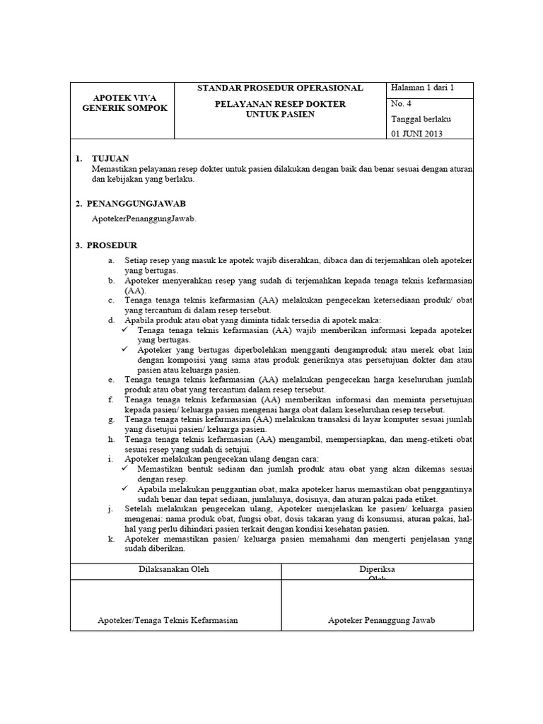 Apotek Viva Generik Sompok Standar Prosedur Operasional Pelayanan Resep ...