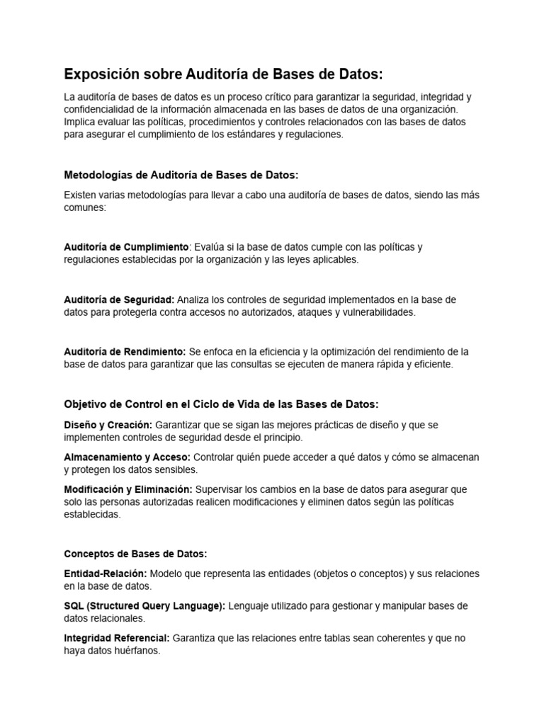 Auditoría de Bases de Datos - Breve Exposición | PDF | Bases de datos ...