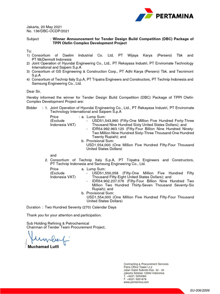 TPPI Olefin Project Tender Winner Announcement | PDF | Business ...