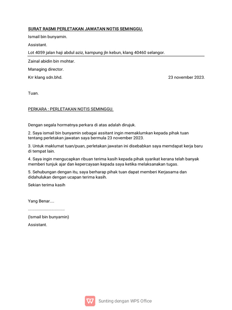 Contoh Surat Perletakan Jawatan | PDF