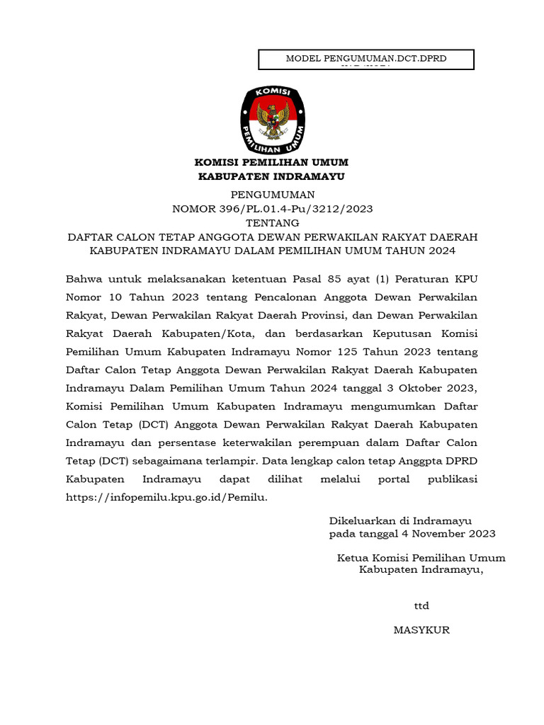 Pengumuman DCT KPU Kabupaten Indramayu | PDF