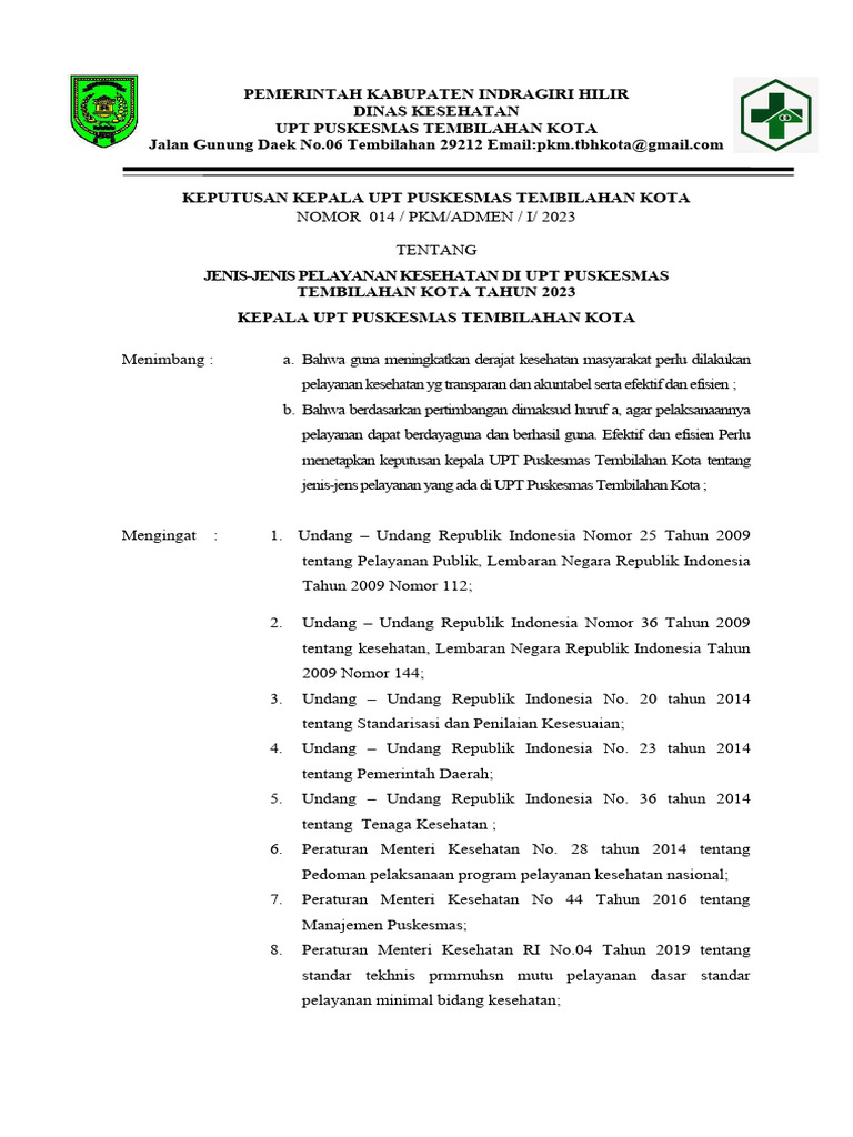 1.1.1.ep 2 SK Jenis Jenis Pelayanan PKM 2023 | PDF | Pengembangan Diri