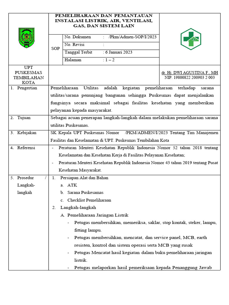 Sop Pemeliharaan Sarana Utilitas Puskesmas | PDF
