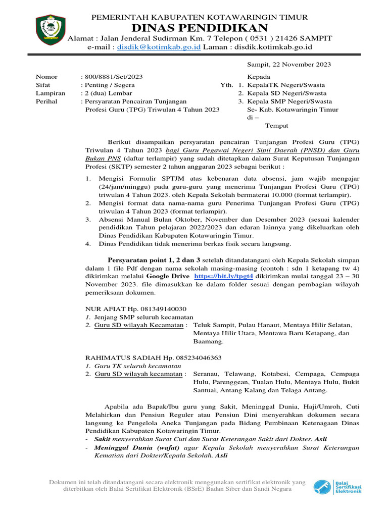 Surat Edaran Pemberkasan TPG 2023 Triwulan 4 | PDF