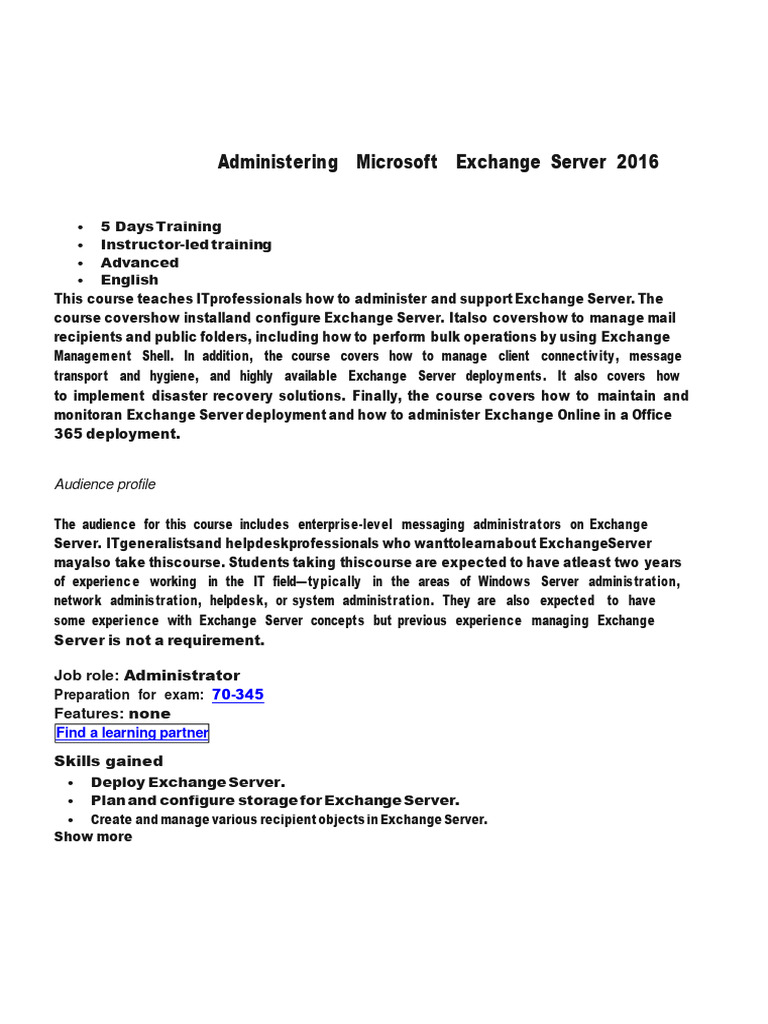 Exchange Server 2016 Admin Training | PDF | Microsoft Exchange Server | Microsoft Outlook