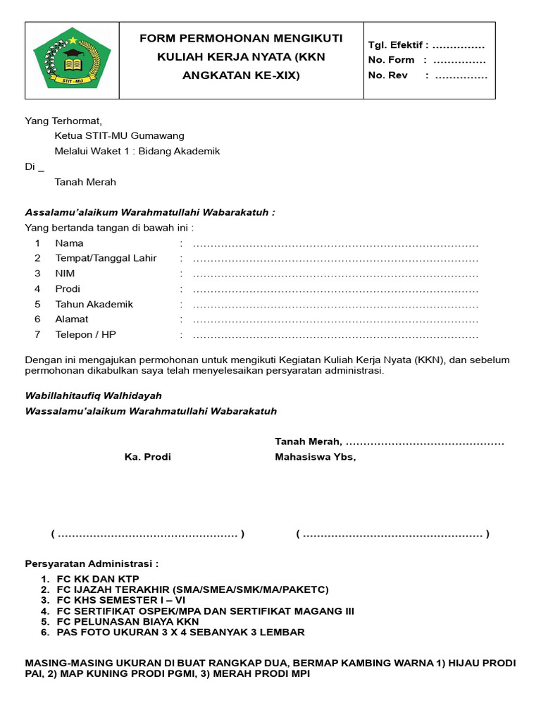 Form Permohonan KKN 2023 | PDF