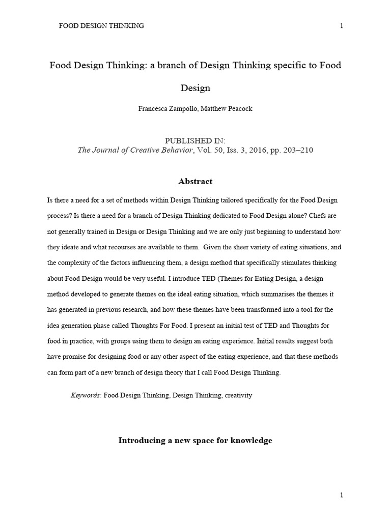Food Design Thinking Methodology | PDF | Thought | Design Thinking