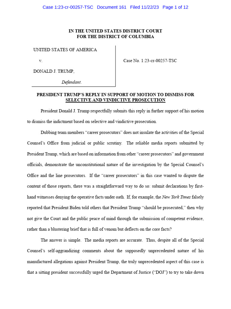 Trump Reply Selective and Vindictive Prosecution | PDF | Donald Trump ...