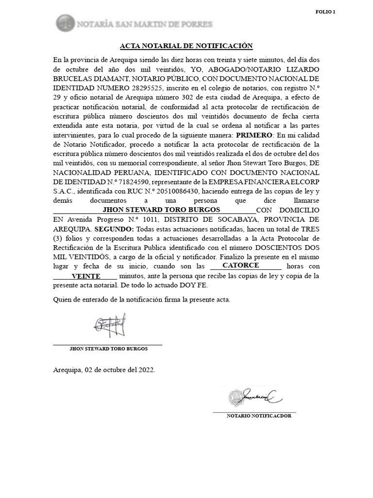 Acta Notarial de Notificación Toro Burgos | PDF | Derecho Civil (Common ...