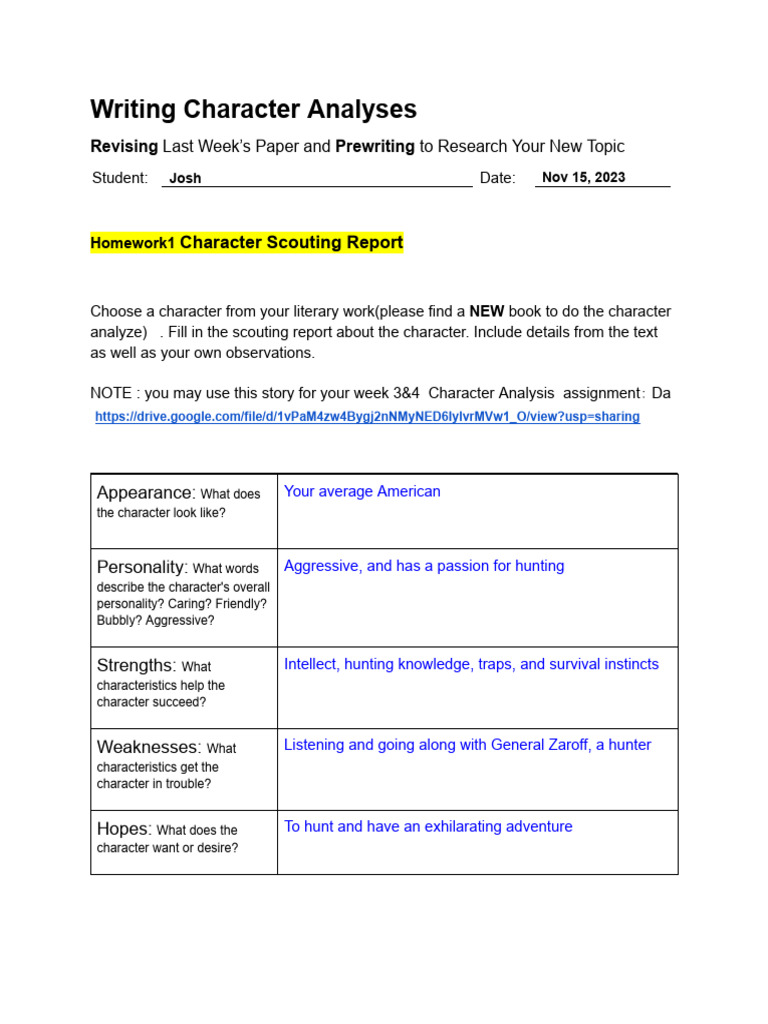 Week#3 WritingCharacterAnalyses v1 | PDF | Language Arts & Discipline ...
