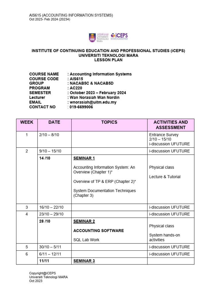 Ais615 Lesson Plan Semester Oct 2023 | PDF | Computing | Information ...