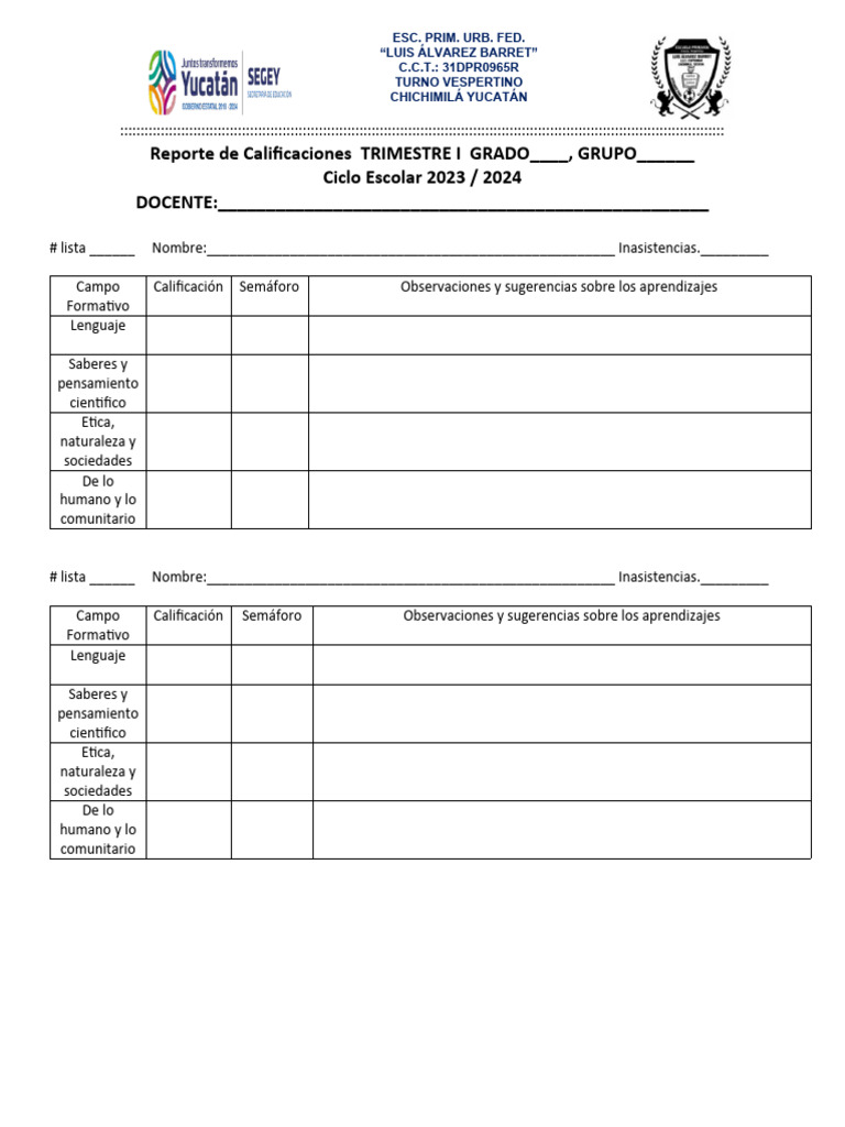 Reporte de Calificaciones Trimestre I | PDF | Aprendizaje