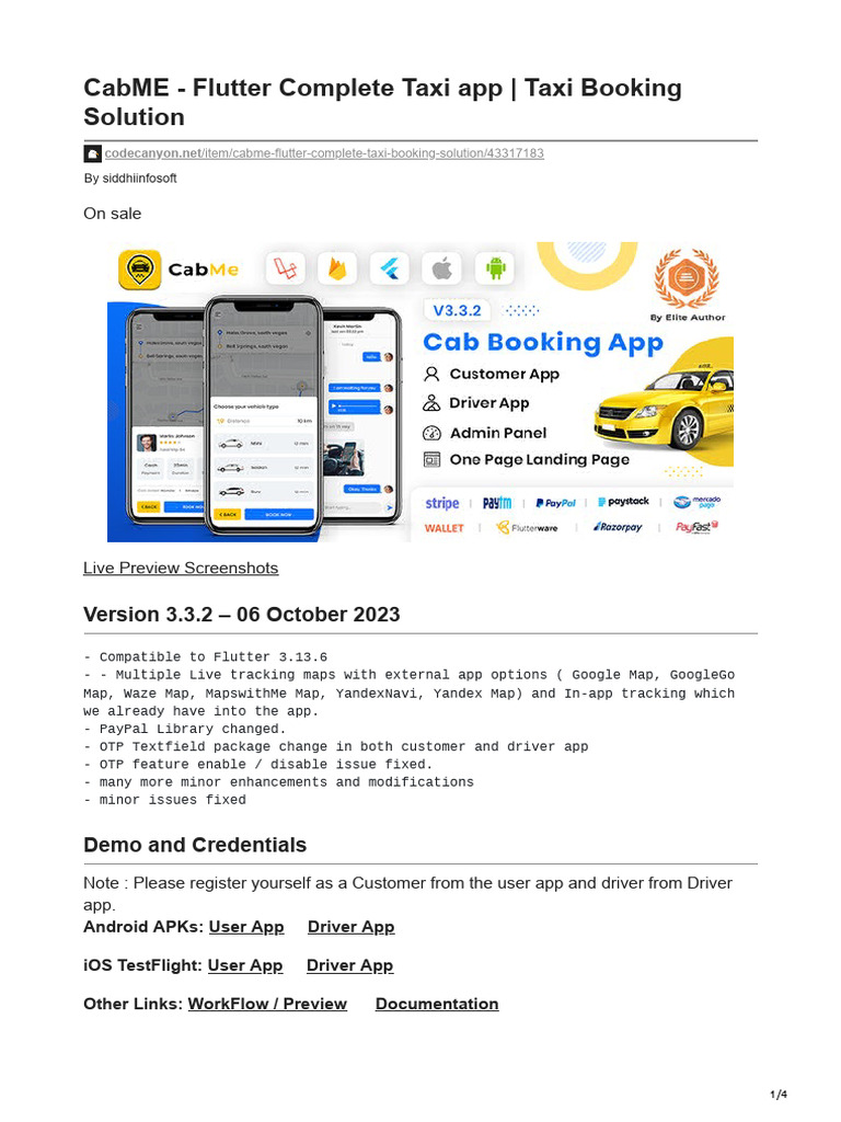 CabME - Flutter Complete Taxi App Taxi Booking Solution | PDF | Mobile App | Application Software
