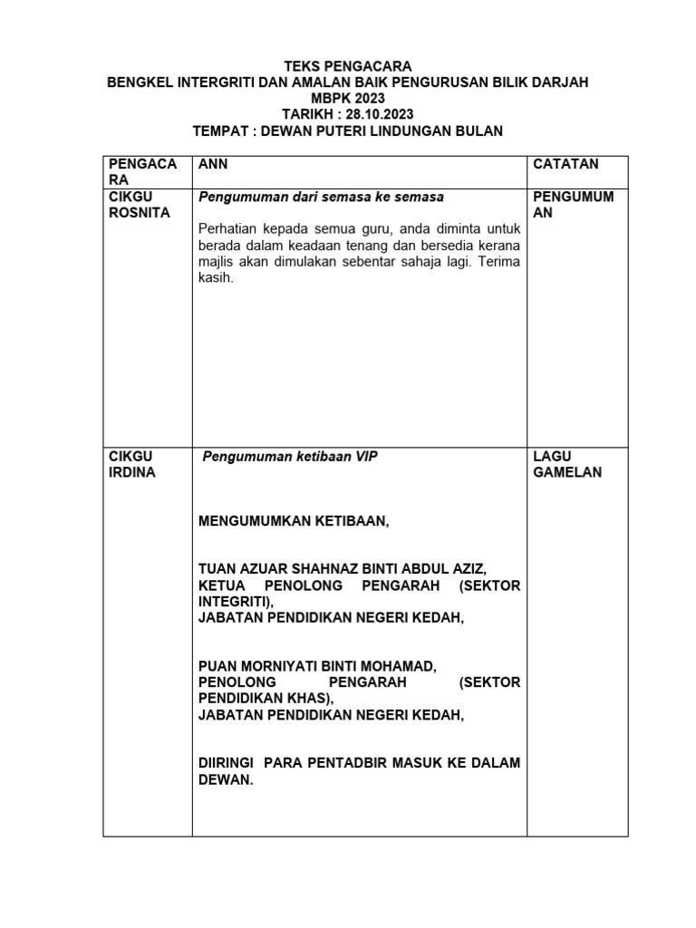 Teks Emcee Bengkel Integriti Dan Amalan Baik Pengurusan Bilik Darjah MBPK 2023 | PDF