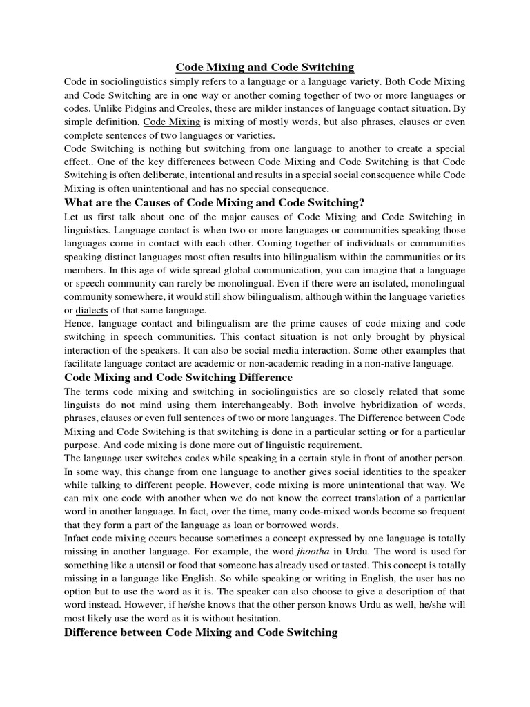 Code Switching and Code Mixing | PDF | Applied Linguistics | Cultural Assimilation