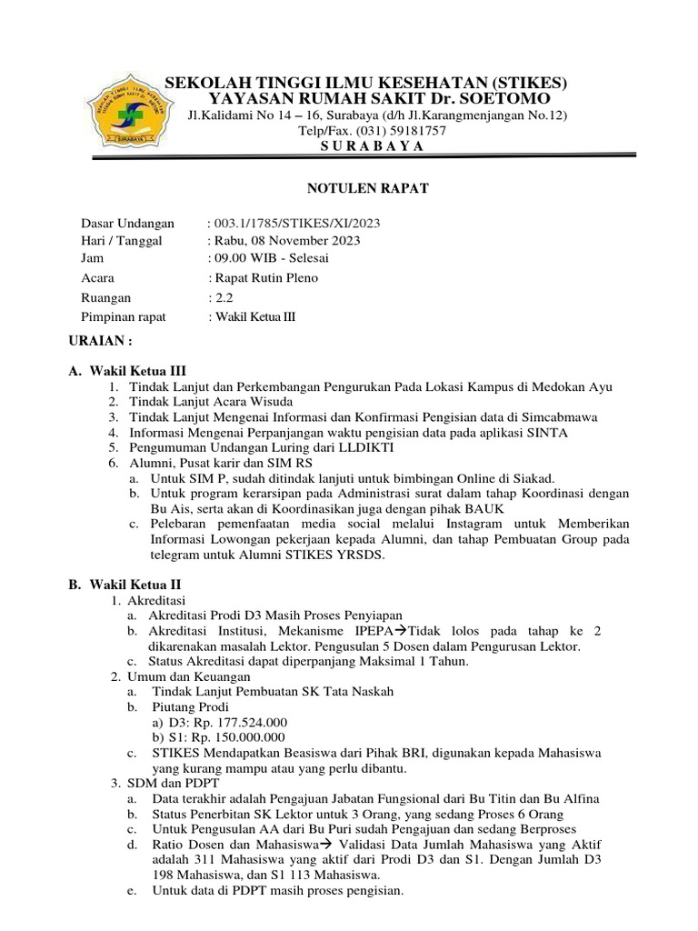 Notulen Rapat Pleno 08 November 2023 | PDF | Karier & Perkembangan