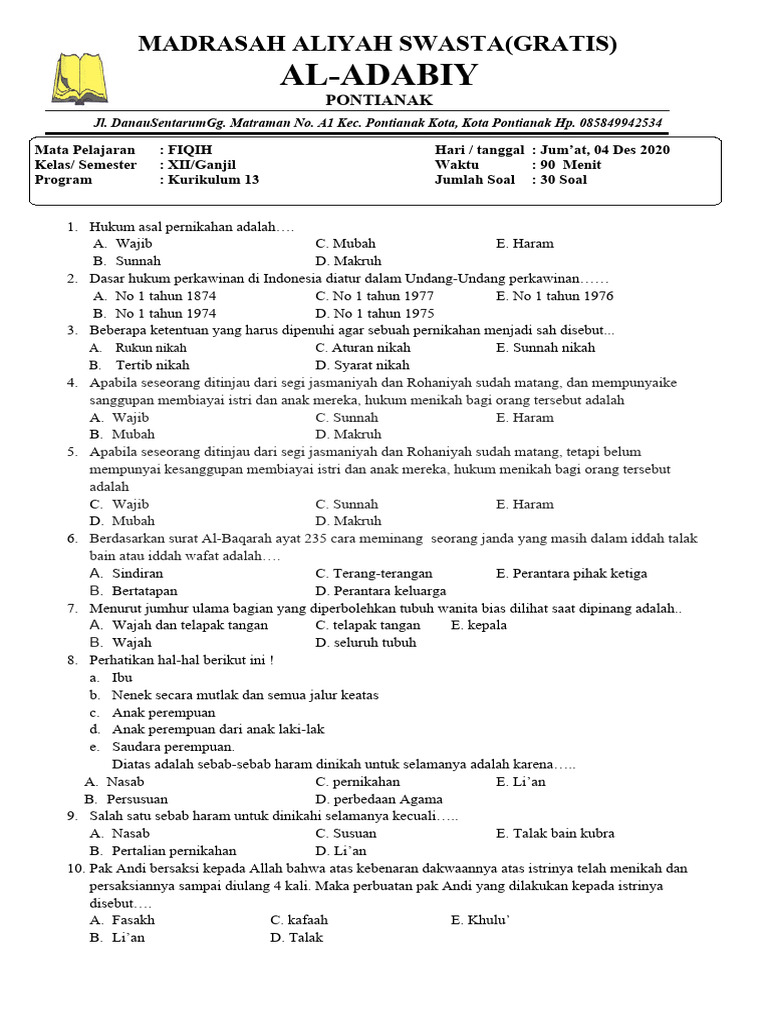 Soal Fiqih Kelas Xii Ganjil | PDF