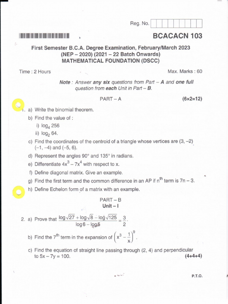 BCA I Semester Mathematical Foundation NEP Feb 2023 | PDF