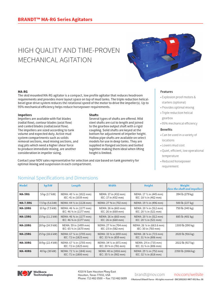 BRANDT MA RG Series Agitators Spec Sheet English | PDF | Gear | Machines