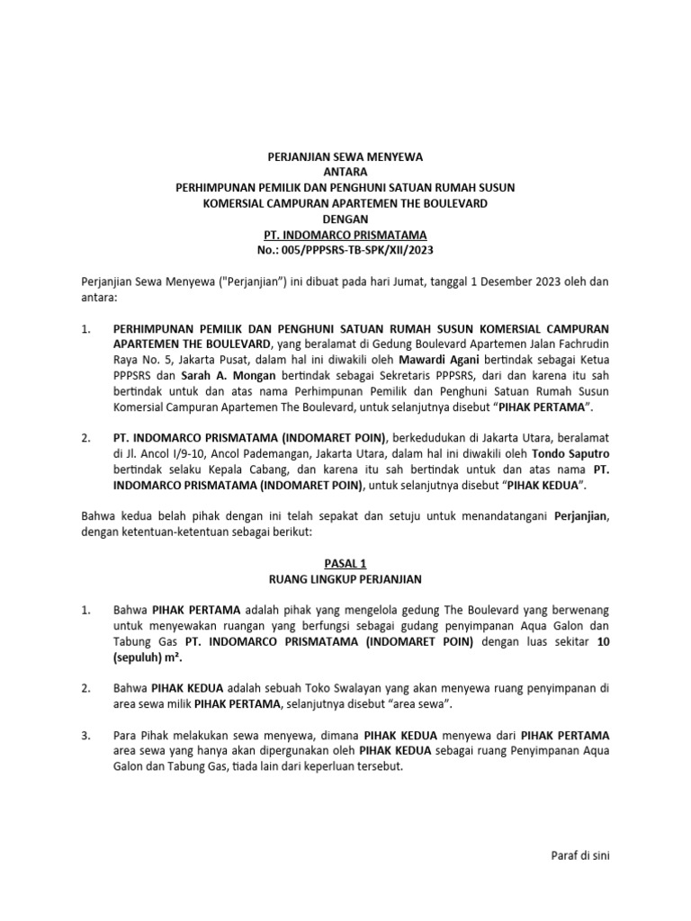 Draft - Perjanjian - Sewa - Gudang - Indomaret - POIN Rev | PDF
