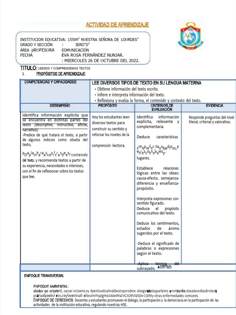 PDF Sesion Leemos y Comprendemos Textos | PDF | Comprensión lectora | Escritura