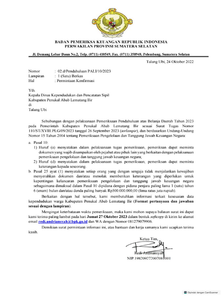 Surat Konfirmasi Ke Capil PALI | PDF