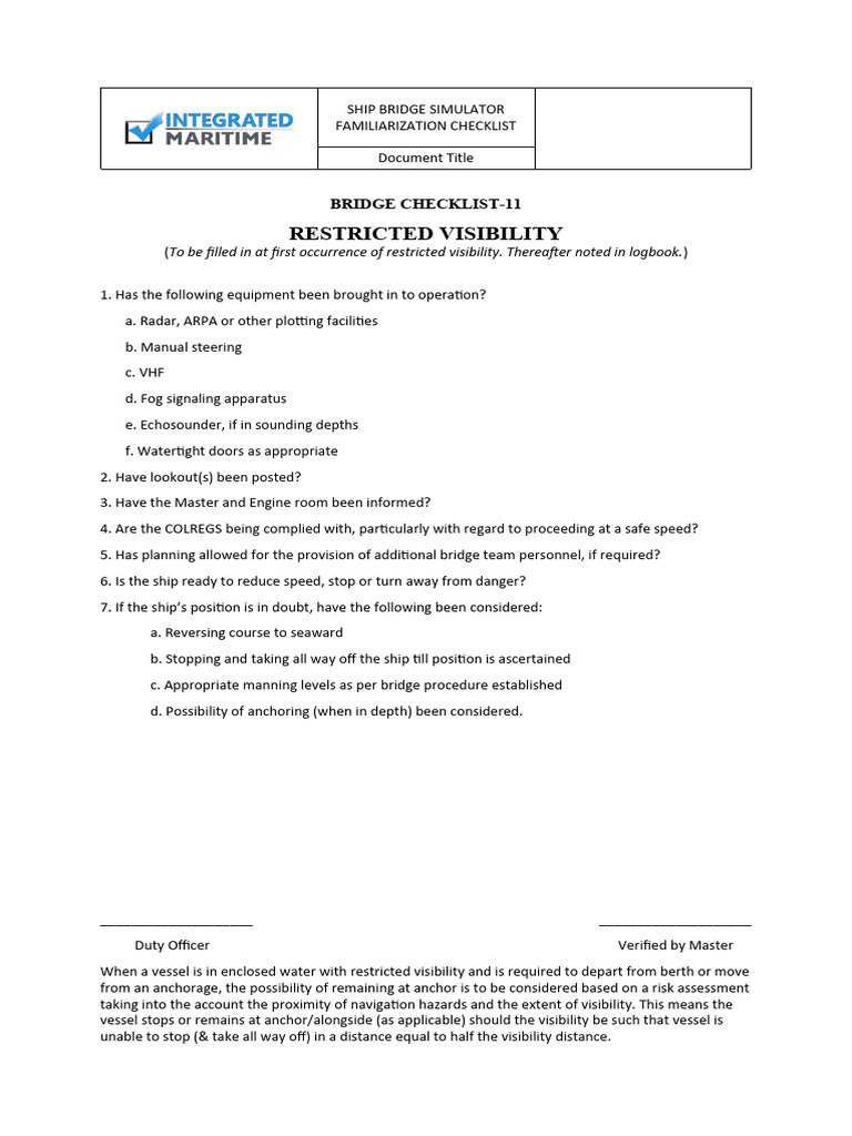 Bridge Checklist | PDF | Anchor | Ships