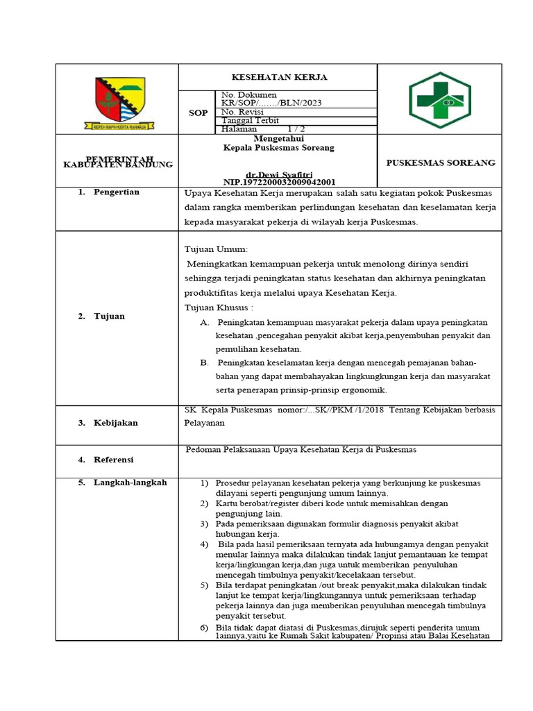 PDF Sop Kesehatan Kerja PKM Soreang | PDF