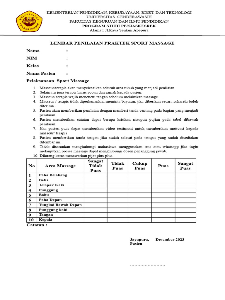 Lembar Penilaian Praktek Sport Massage | PDF Lembar Penilaian Praktek Sport Massage | PDF
