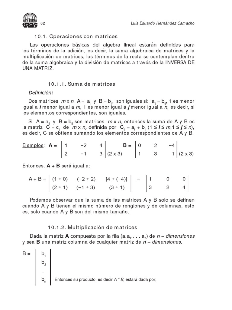 Libro de Algebra Lineal Urbe Matrices | PDF | Matriz (Matemáticas) | Multiplicación