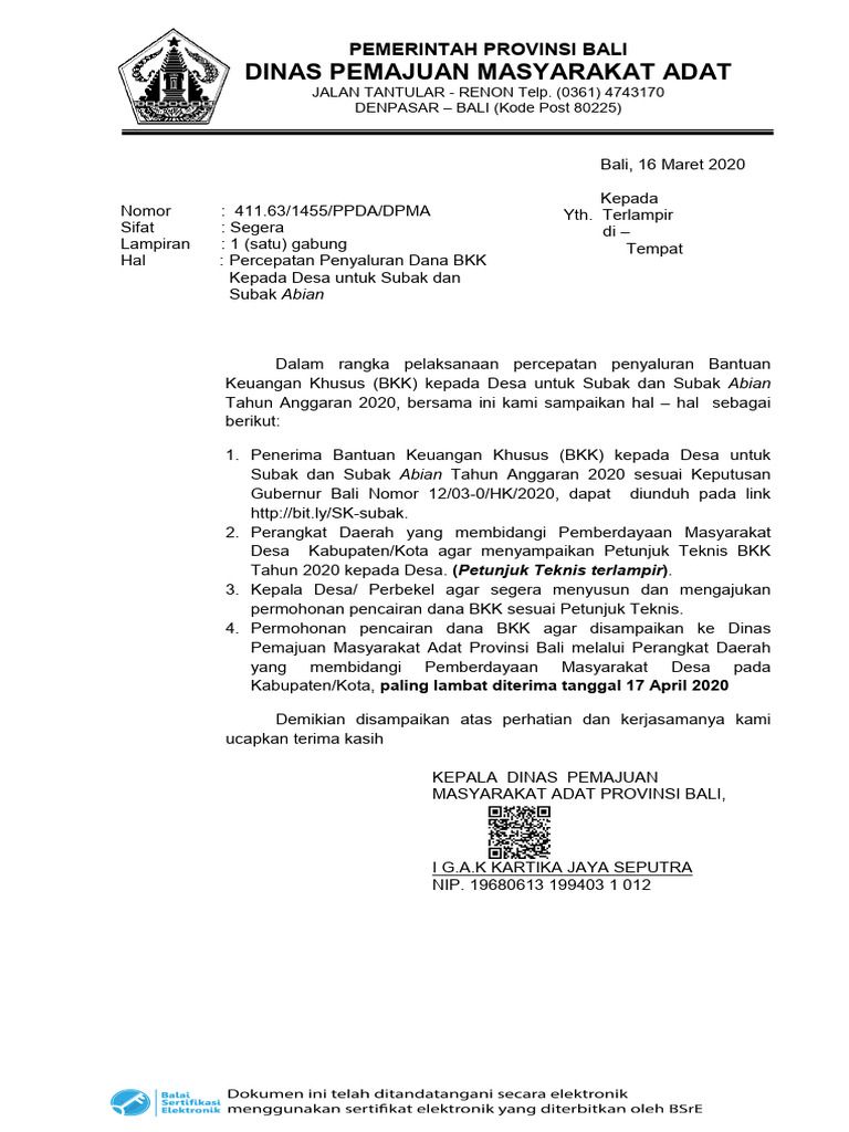 Surat Percepatan Penyaluran BKK Subak-TTE | PDF