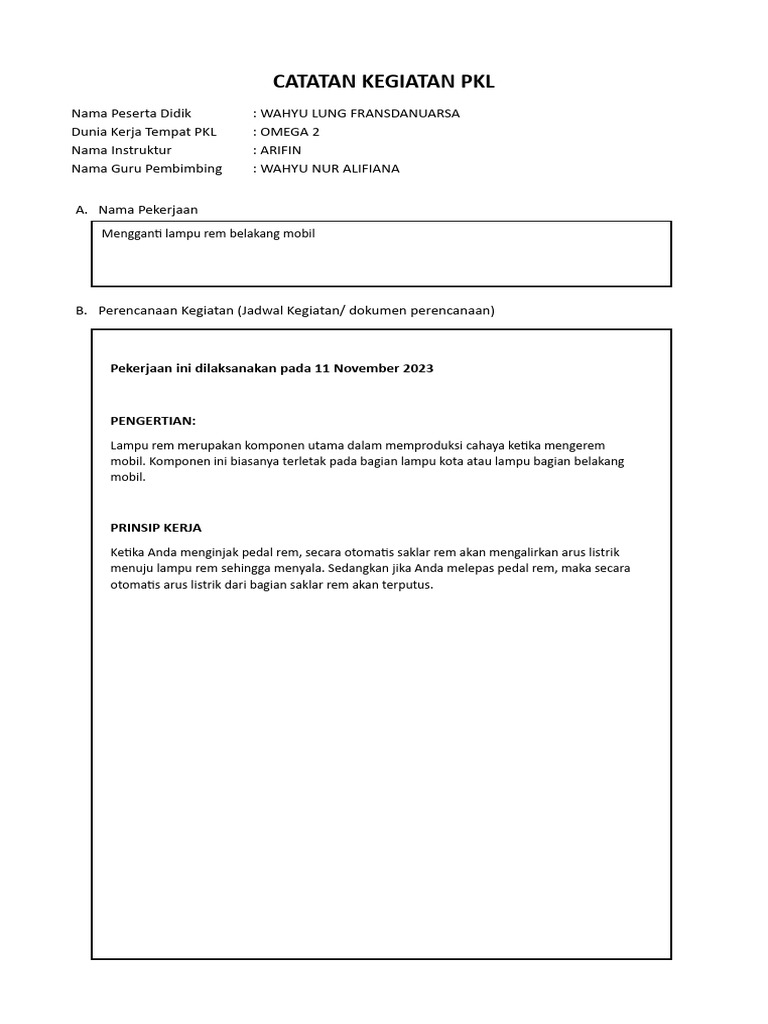 Format Catatan Kegiatan PKL Wahyu Lung Mengganti Lampu Rem | PDF