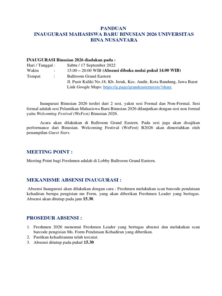 Inaugurasi Mahasiswa Baru Binusian 2026 | PDF | Perjalanan | Gaya Hidup