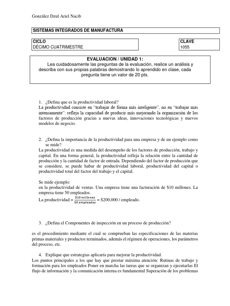 Evaluacion Unidad 1 Sist Int Manuf | PDF | Business | Factores de ...