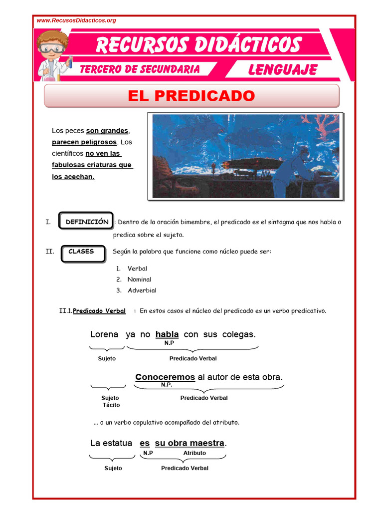 El Predicado para Tercero de Secundaria | PDF | Predicado (Gramática) | Adverbio