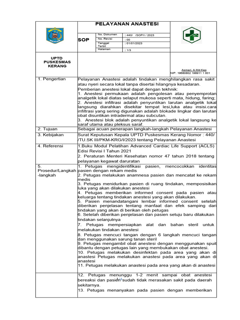 3.4.1.a SOP Pelayanan Anastesi | PDF