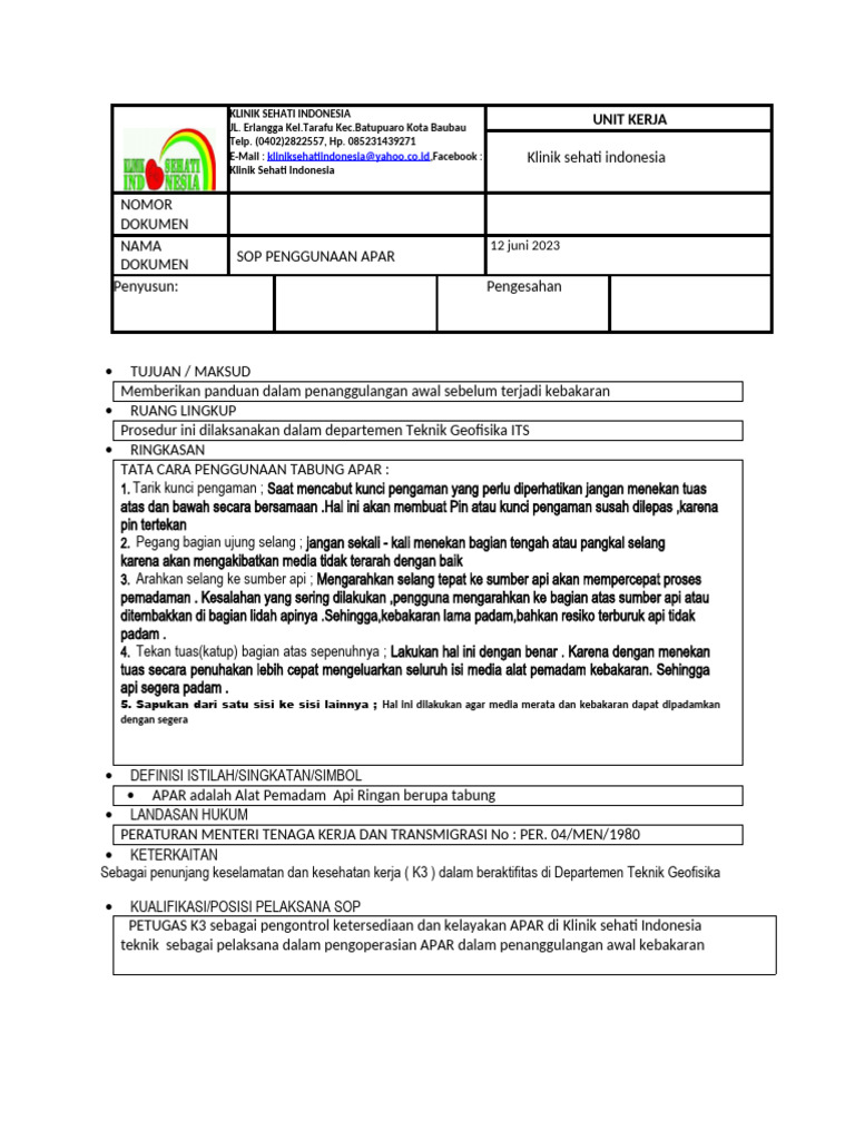 SOP Penggunaan Apar | PDF