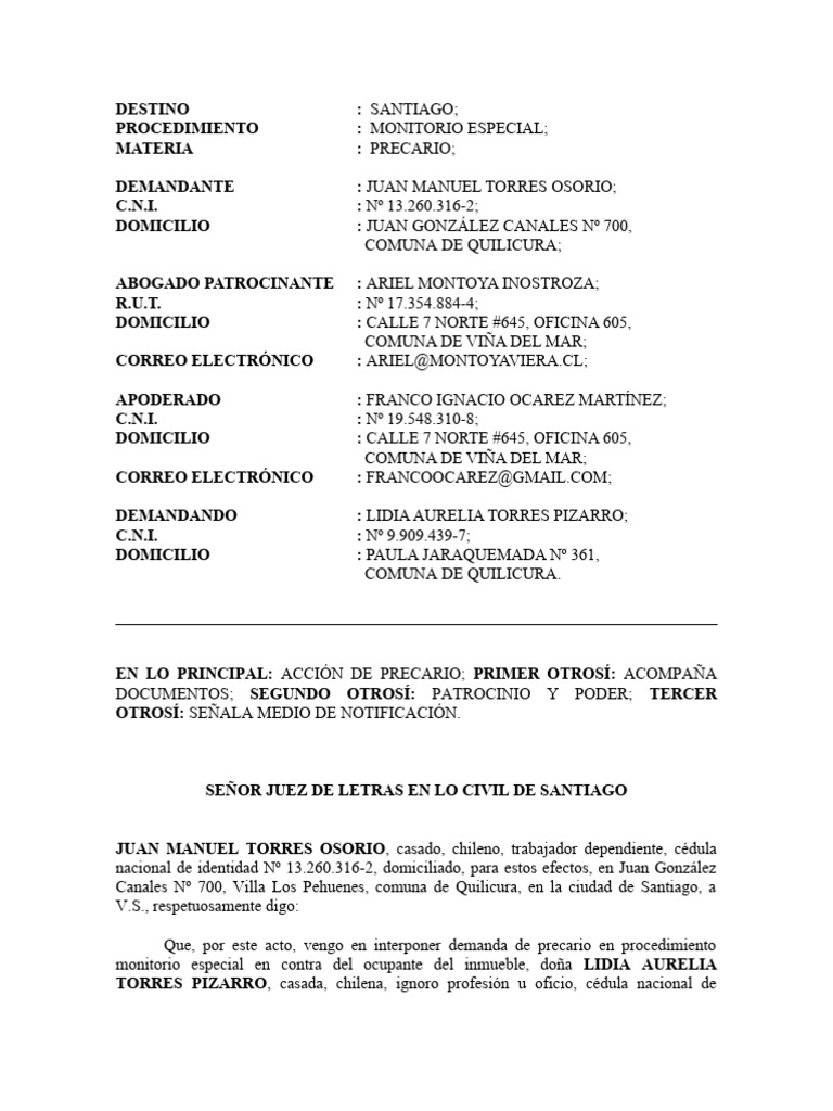 Demanda de Precario en Santiago | PDF | Propiedad | Caso de ley
