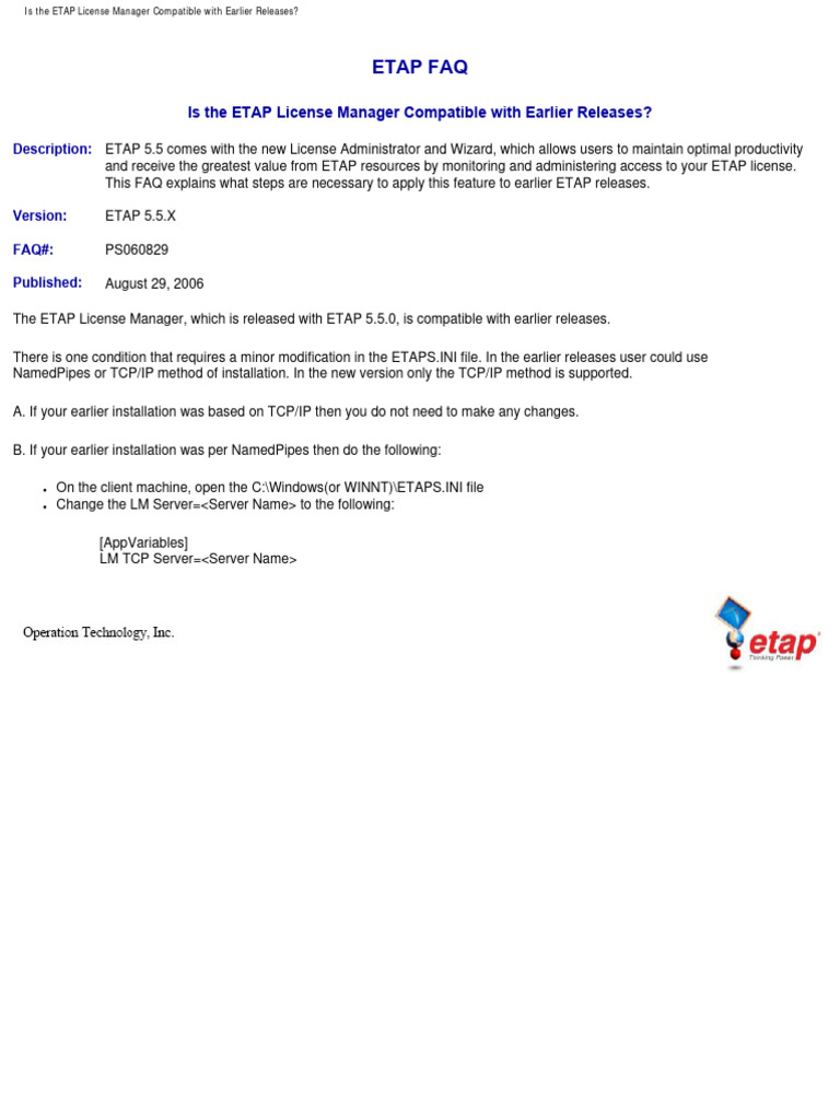 ETAP FAQ - License Manager Compatibility | PDF