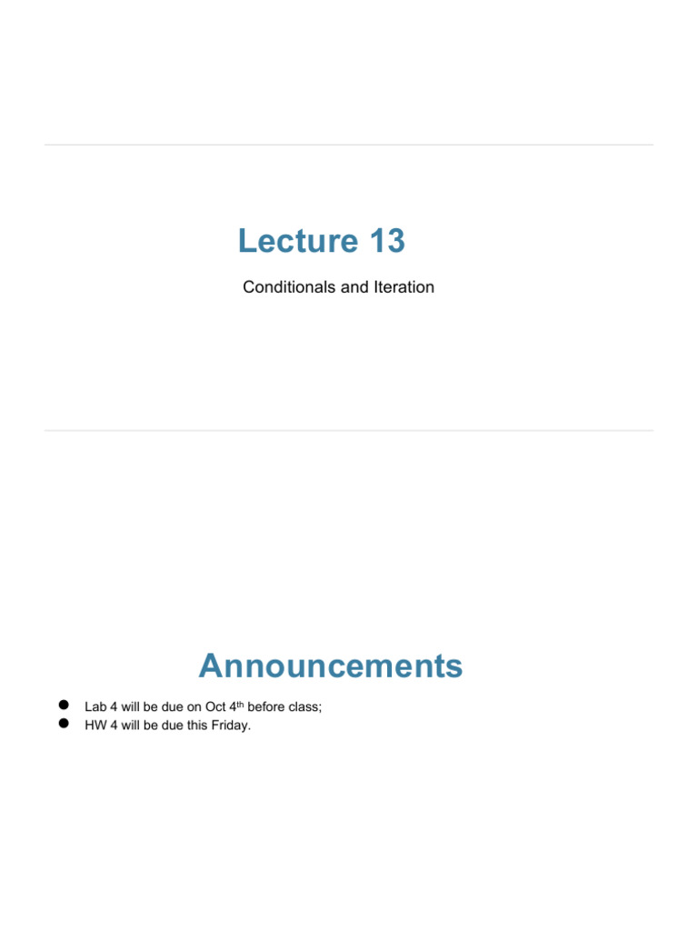 Lecture 13 - Conditionals and Iteration - 5301 | PDF | Boolean Data Type | Computer Data