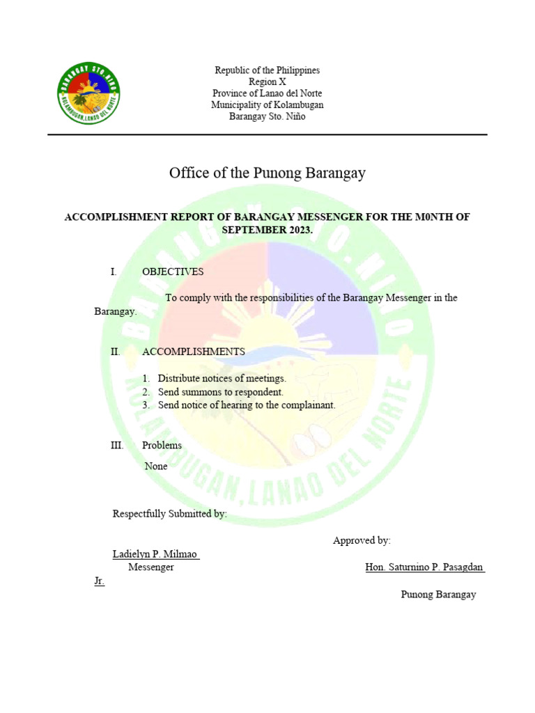 Accomplishment Report of Barangay Messenger 2023 | PDF