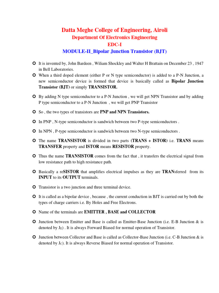 Edc-I - BJT Notes | PDF | Bipolar Junction Transistor | P–N Junction