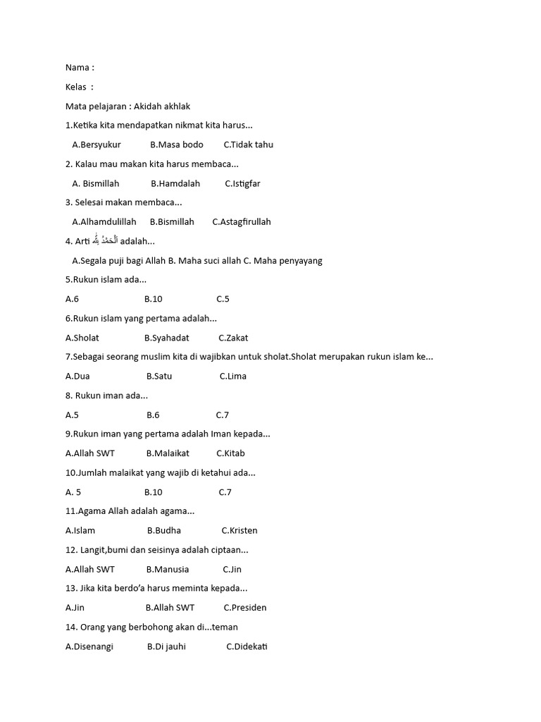 Soal Akidah Kelas 2 | PDF