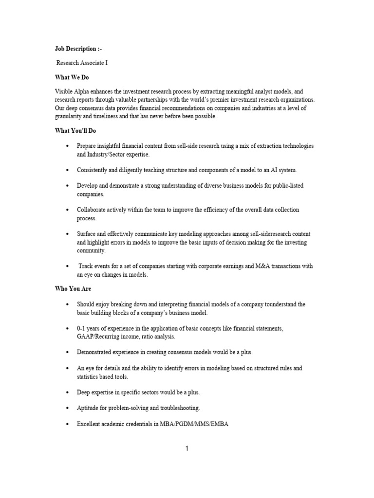 Research Associate I Job Description | PDF