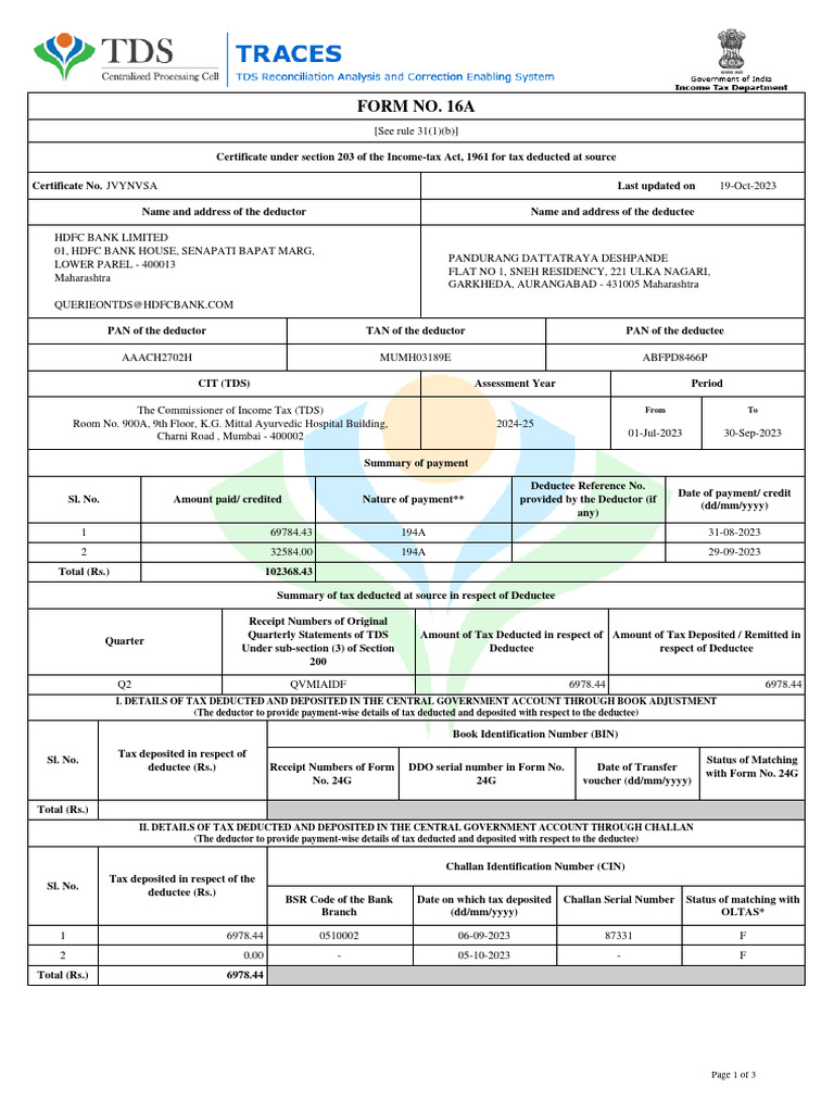 TDS Certificate | Download Free PDF | Securities (Finance) | Taxes