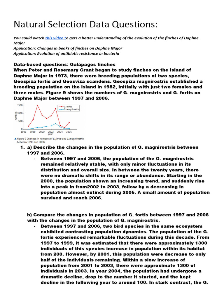 Natural Selection - Galapagos Finches & Bacteria Homework | PDF ...