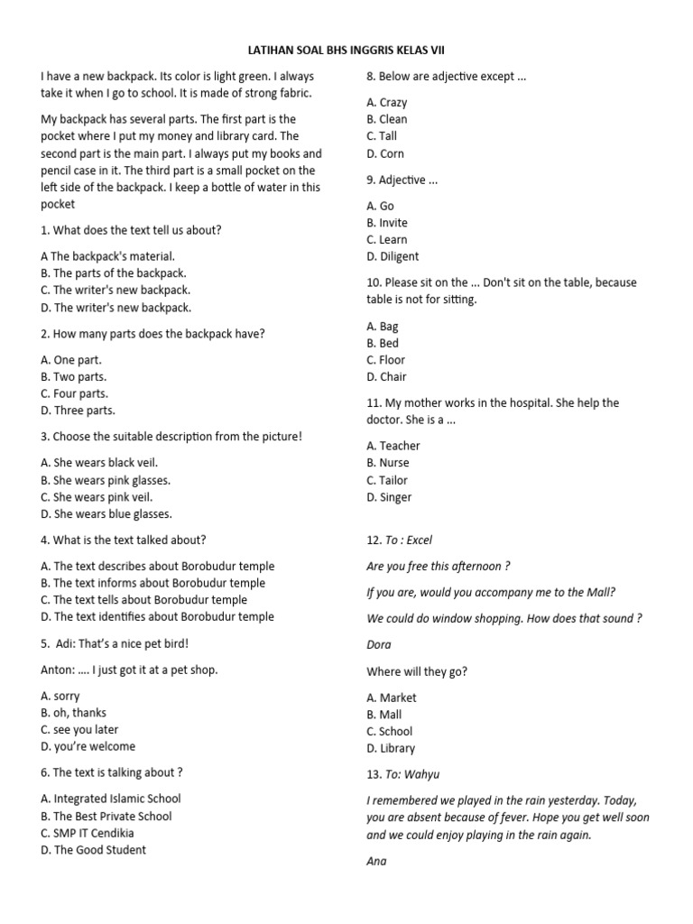 Latihan Soal BHS Inggris Kelas Vii | PDF