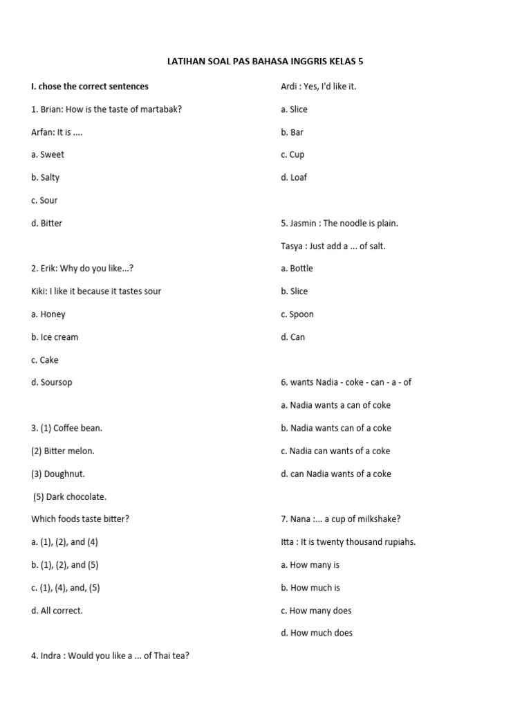 Latihan Soal Pas Bahasa Inggris Kelas 5 | PDF | Asthma | Taste